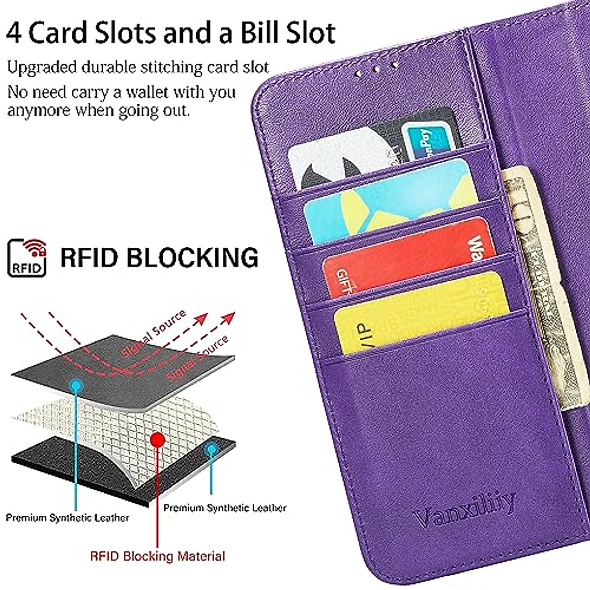 Vanxiliiy iPhone 13 Case Wallet - Strong Magnetic Detachable, RFID Blocking Card Holder, Slim PU Leather Flip 6.1" - Purple