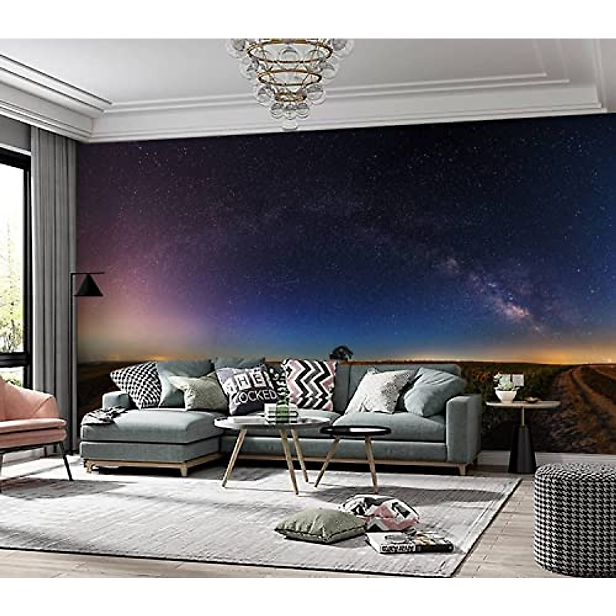 Stars Moon a Field Sunflowers Peel and Stick Wallpaper Removable Self-Adhesive Large Wallpaper Roll Wall Mural Sticker Home Decor for Living Room Bedroom