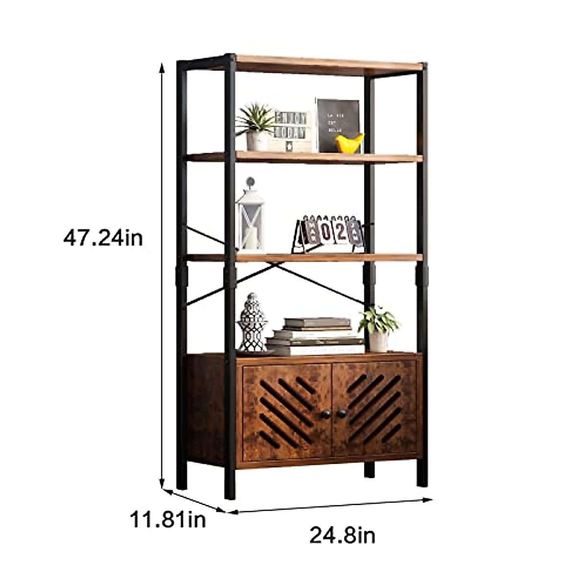 YQ FUNLIS Tall 3-Tier Bookshelf with Doors,Wooden Bookcase with Storage,Standing Display Storage Cabinet Shelves Rustic Bookcase for Home Living Room Bedroom Office