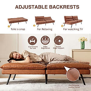 Dyonery Faux Leather Futon Sofa Bed Foam Futon Couch Sleeper Sofa Convertible Loveseat for Compact Living Spaces Offices, Easy Assembly, Brown