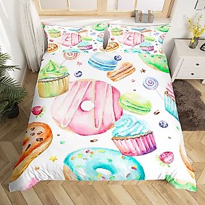 Homewish Food Duvet Cover Set Twin Size,Donut Ice Cream Candy Bedding Set 2pcs for Kids Teens Boys Girls Room Decor, Dessert Theme Comforter Cover Watercolor Quilt Cover with 1 Pillowcase
