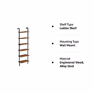 VASAGLE Industrial Ladder Shelf, 6-Tier Bookshelf, Wall Shelf for Living Room, Office, Kitchen, Bedroom, 23.6 x 11.8 x 80.6 Inches, Rustic Brown and Black ULLS103B01