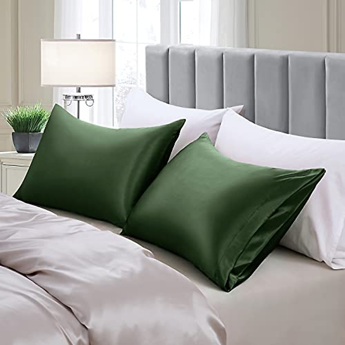 Aormenzy Satin Pillow Cases for Women Queen Size Set of 2, Woodland Green Satin Pillowcase for Hair with Envelope Closure Silky Pillow Covers Wrinkle, Fade Resistant (20x30 Inches)