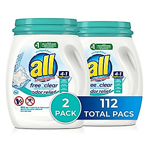 All Mighty Pacs Laundry Detergent, Free Clear Odor Relief, Tub, 56 Count (Pack of 2), 112 Total Loads