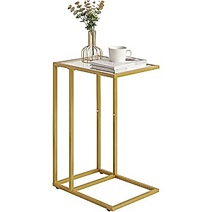 YMYNY C-Shaped End Table, Tempered Glass Sofa Side Table, nightstand for Small Place,Coffee Table for Hallway Office Bedroom Living Room, Metal Frame, Gold, 24.8 * 15.75 * 11.8" UHGD001G