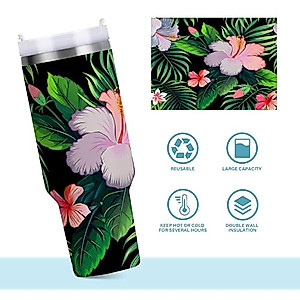 Burbuja Hibiscus Flowers 40oz Insulated Tumblers with Handle and Straw Lid, Double Wall Stainless Steel Travel Mug Leak-Proof, BPA Free, Gift for Mom Dad