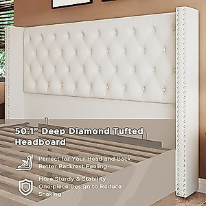 PaPaJet Lift Up Storage Bed King Size Upholstered Platform Bed Frame Button Tufted Wingback Headboard Hydraulic Lifting Storage Underneath/Wood Slats Support/Easy Assembly/Cream
