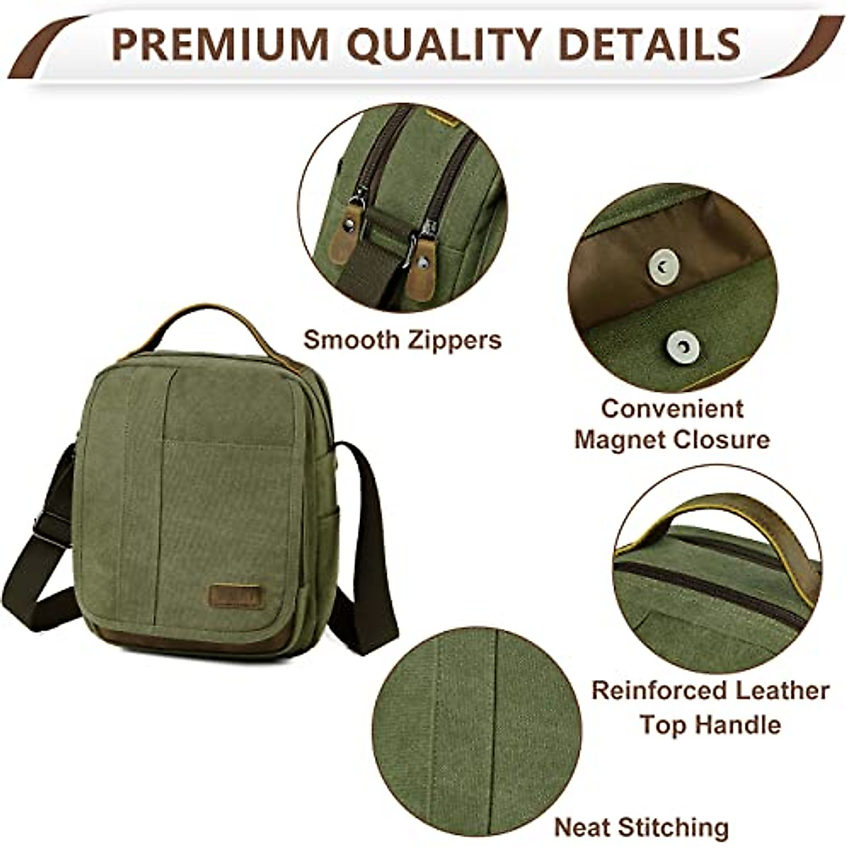 VASCHY Messenger Bag Small, Canvas Water Resistant Crossbody Shoulder Bag Purse for Men and Women Green