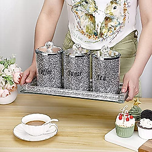 JUXYES Set of 4 Sparky Glass Crushed Diamonds Canisters Set for Sugar Coffee Tea Features Tray, Luxurious Storage Containers Sets with Lids Decorative Storage Pots for Kitchen Counter Dining Room