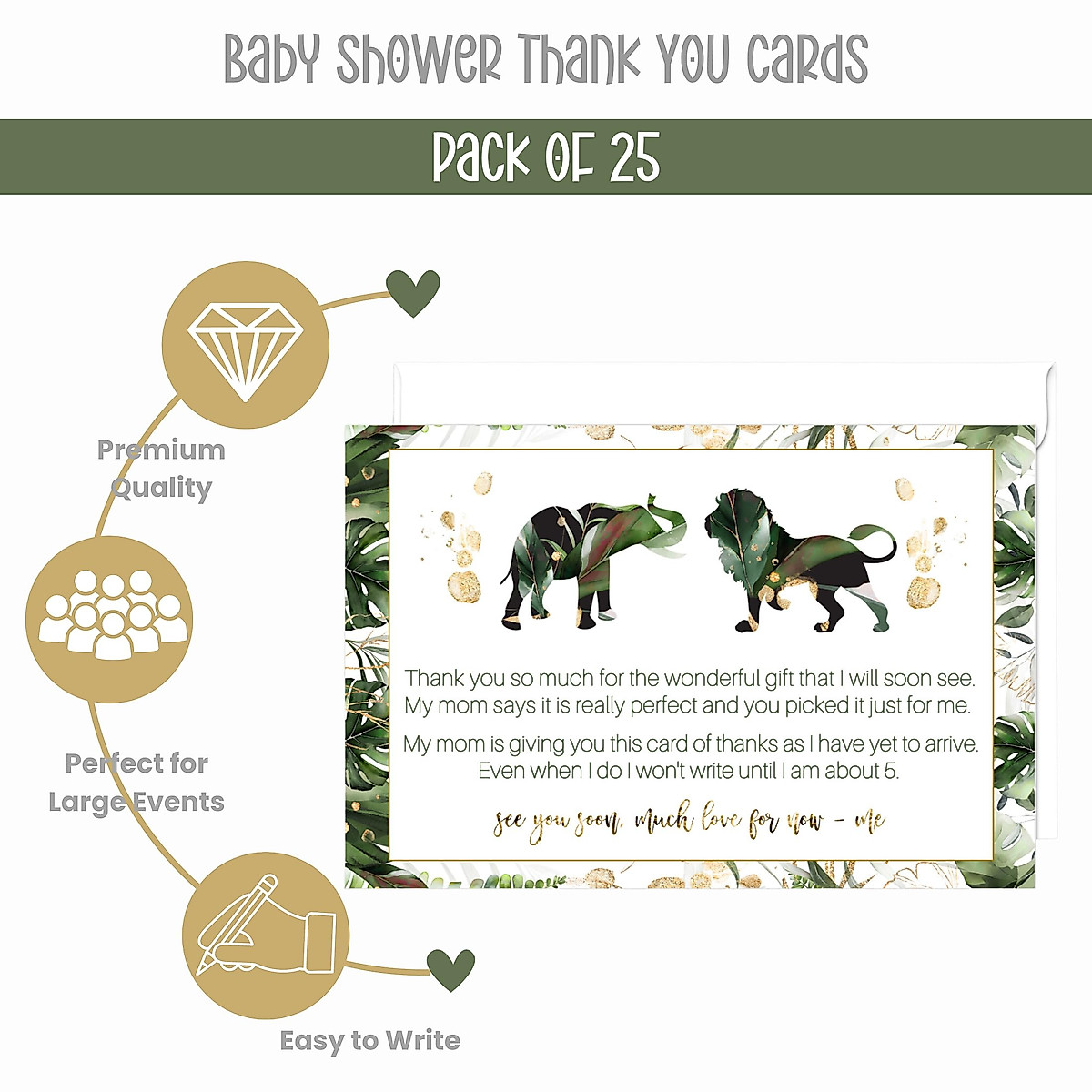 Paper Clever Party Tropical Jungle Baby Shower Thank You Cards with Envelopes - 25 Pack - Blank Notes with Prefilled Message for Gender Neutral Gifts - Royal Green and Gold 4x6 Stationery Set