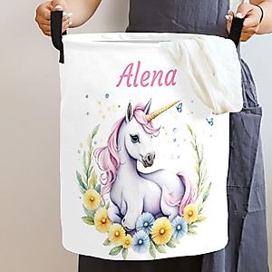 Custom Laundry Baskets with Name Personalized Laundry Hamper for Kids Adults Customized Collapsible Clothes Toys Storage Basket with Handle for Bathroom Living room Bedroom Unicorn