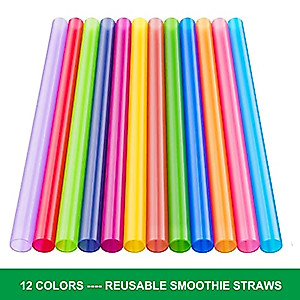 12 Pcs Reusable Smoothie Straws and Boba Straws with 1 Storage Bag and 2 Brushes, 12 Colors 10 Inch Length and 0.51 Inch Outside Diameter Wide Jumbo Straws, BPA Free Food Grade