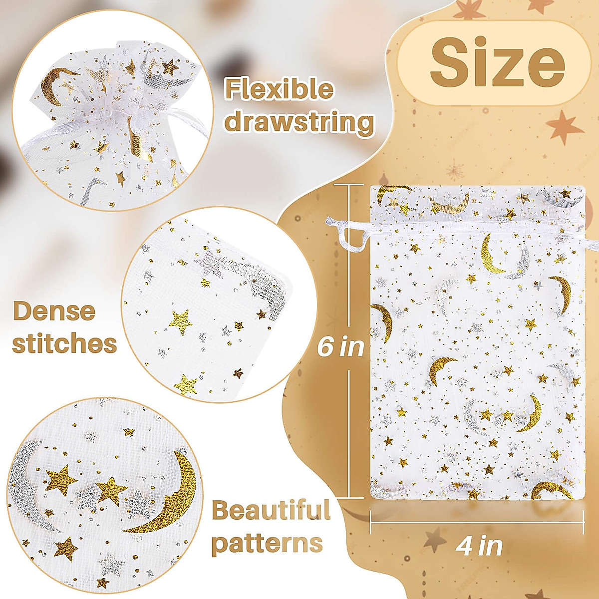 Sukh 100pcs Organza Bags 4"X6" - Moon Star Small Gift Bags Bulk Party Favor Mesh Bags Drawstring Goodie Wrap Pouch Bags Candy Jewelry Sachet Bracelet Fruit Protection Bags Wedding Halloween Christmas