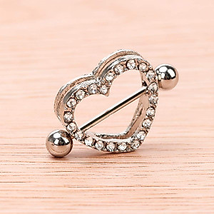 CrazyPiercing 2pcs Clear Gem Paved Heart Nipple Shield Ring 14GA 7/8" Length