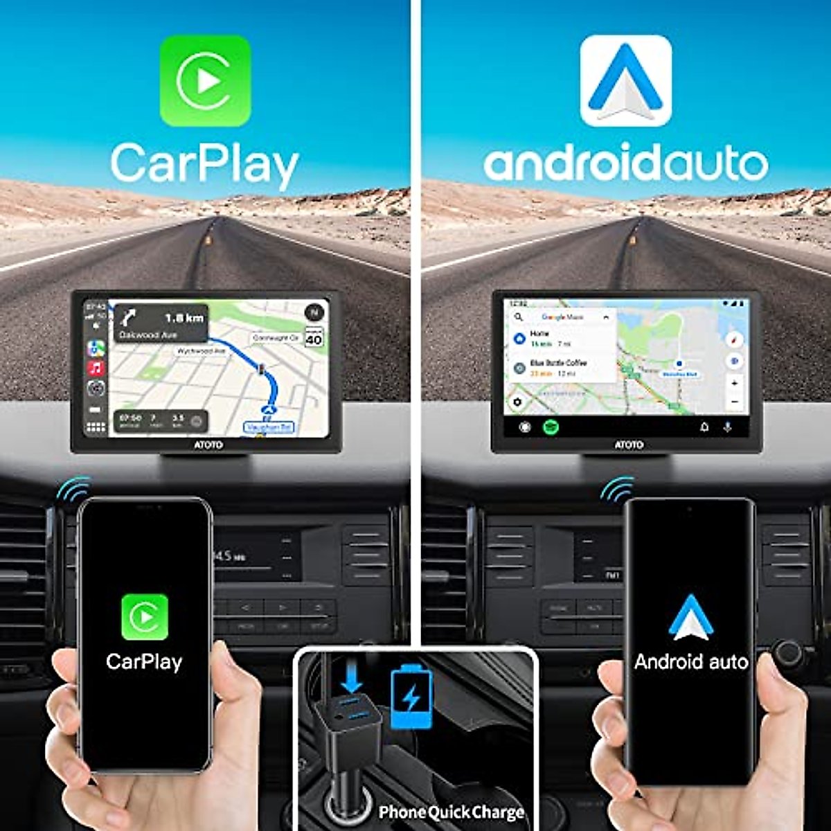 ATOTO P8 Portable 7'' QLED Display Car Radio, with HD 1080P Rear DVR Cam, On-Dash Camera Input, Wireless Carplay & Wireless Android Auto, Remote Control, WDR & Auto Dimmer, AUX/FM Output, P807SD-RC