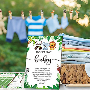 Patelai 321 Pcs Baby Shower Games Supplies, 5 Sets (50 Cards Each) Activities Cards with 20 Pencils 1 Don't Say Baby Sign 50 Clothespin(Jungle Style)