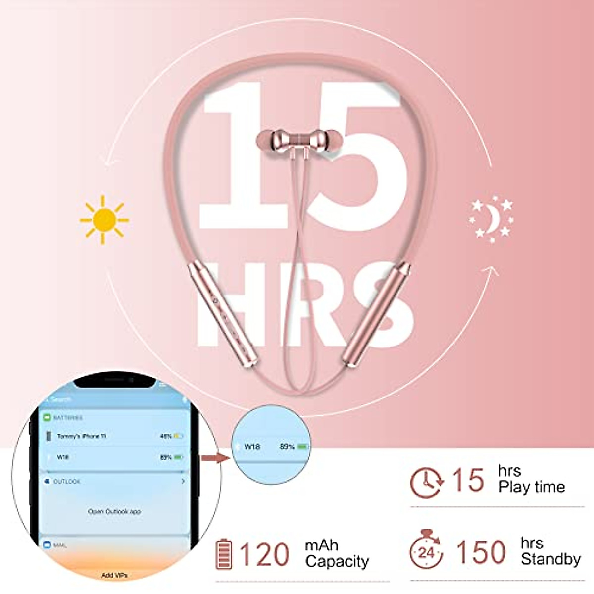 KLOKOL Bluetooth Headphones Neckband V5.0 Wireless Headset Sport Earbuds w/Mic Cordless Noise Canceling Earphones 15Hrs Playtime for Gym Running Compatible with iPhone Samsung Android (Rose Gold)