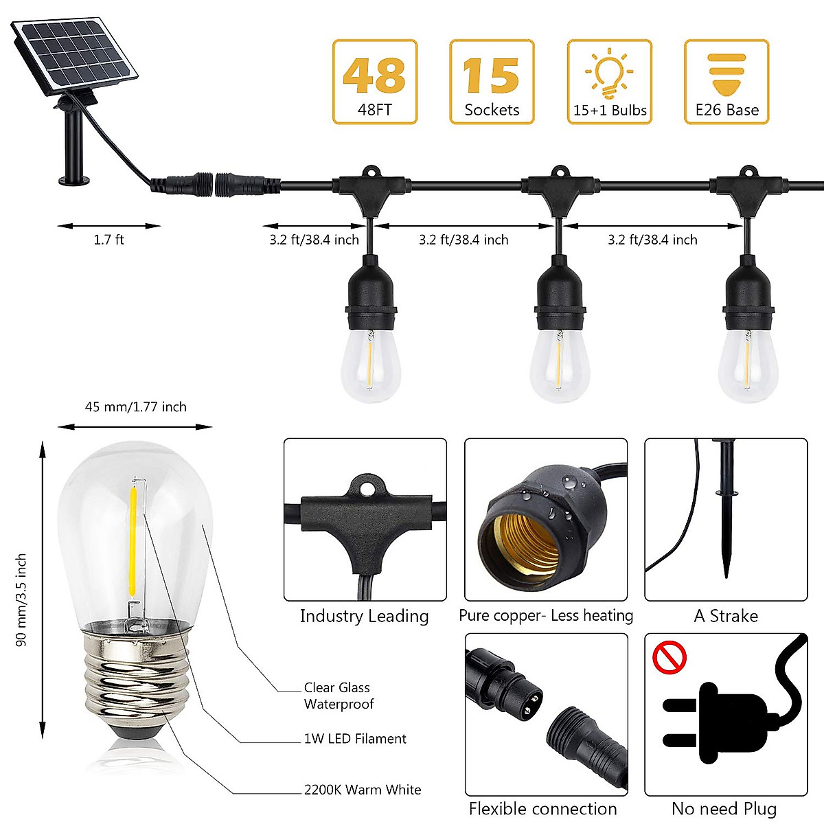 ANBRITE LED Outdoor Garden String Lights Solar Powered, 48FT Hanging 15+1 LED Edison Bulbs E27 Sockets Indoor/Outdoor Festoon Lighting for Party, Wedding Warm White Commercial Grade Connectable