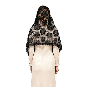 Wgior Rose Rectangular Chapel Veil Scarf Catholic Church Veils Mantilla Wrap Shawl Mass Head Covering (Black)