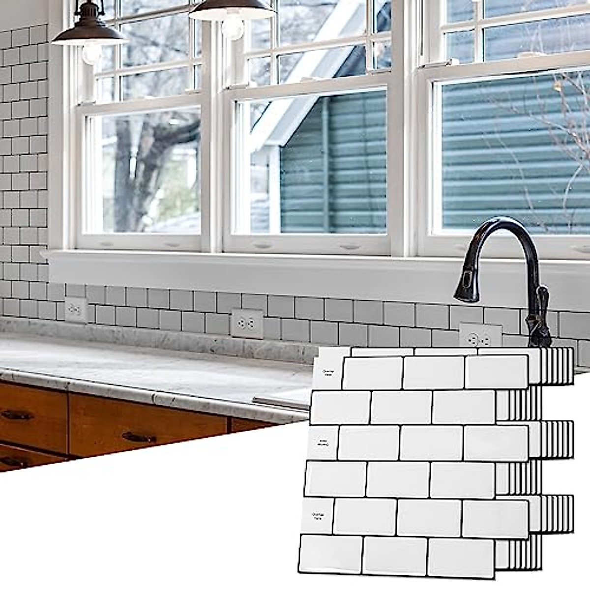 Art3d Backsplash Tile for Kitchen Peel and Stick, 10-Sheet Stick on Subway Tiles for Kitchem, Bathroom Back Splashes, 12"x12", Warm White with Black Grout