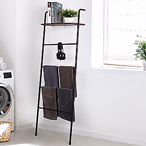 CADUKE Blanket Ladder Towel Ladder for Bathroom Blanket Ladder with Shelf Ladder Blanket Holder for Living Room Farmhouse 5-Tier Wall-Leaning Ladder Shelf Metal Quilt Rack, Black and Brown