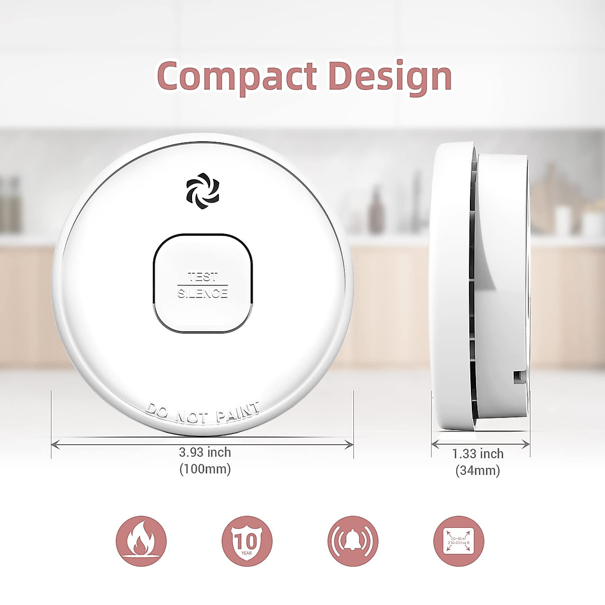 10 Packs Smoke Detector, 10-Year Smoke Alarm with Photoelectric Sensor and Built-in 3V Lithum Battery, Fire Alarm with Test Button and Low Battery Warning, Fire Safety for Home