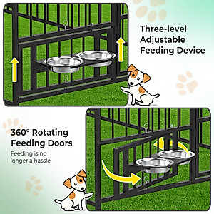 Lyromix Dog Kennel Outdoor with Waterproof Roof and Rotating Feeding Doors, Outdoor Dog Kennel Playpen Crate with Secure Lock and Bowls, Large Heavy Duty Welded Wire Dogs Run Enclosure, 6.6'×3.9'×5.9'