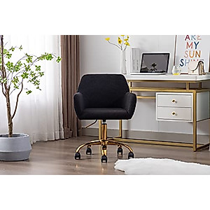 Goujxcy Fluffy Desk Chair, Black Faux Fur Vanity Chair Swivel Office Chair for Girls Women, Height Adjustable Cute Teddy Furry Makeup Chairs for Bedroom Home Office