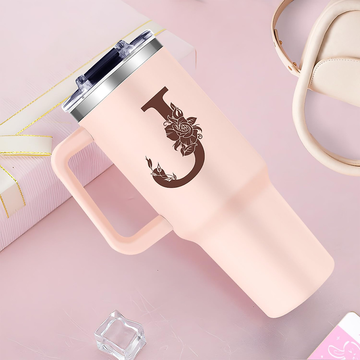 Monogrammed 40oz Tumbler with Handle for Women, Personalized Birthday Gifts for Women,Initial Cups for Woman Pink Letter J,Customized Gifts for Female Lady Gift for Mothers Day Christmas