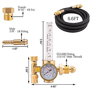 Argon/CO2 Flow Meter Gas Regulator Compatible with Mig Tig Welder Regulator with 6.6FT Gas Hose 10 to 60 CFH Output Flow 0 to 4000 PSI - CGA-580 Inlet argon flow gauge welding regulator