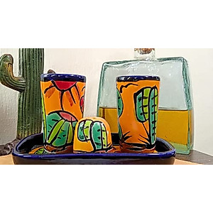 MEXTEQUIL - Authentic Mexican Talavera Tequila Shot Glasse with Tray and Salt Shaker - 2 Shots, 4pieces - Giffable - Artisanal colorful hand-painted (Cactus)