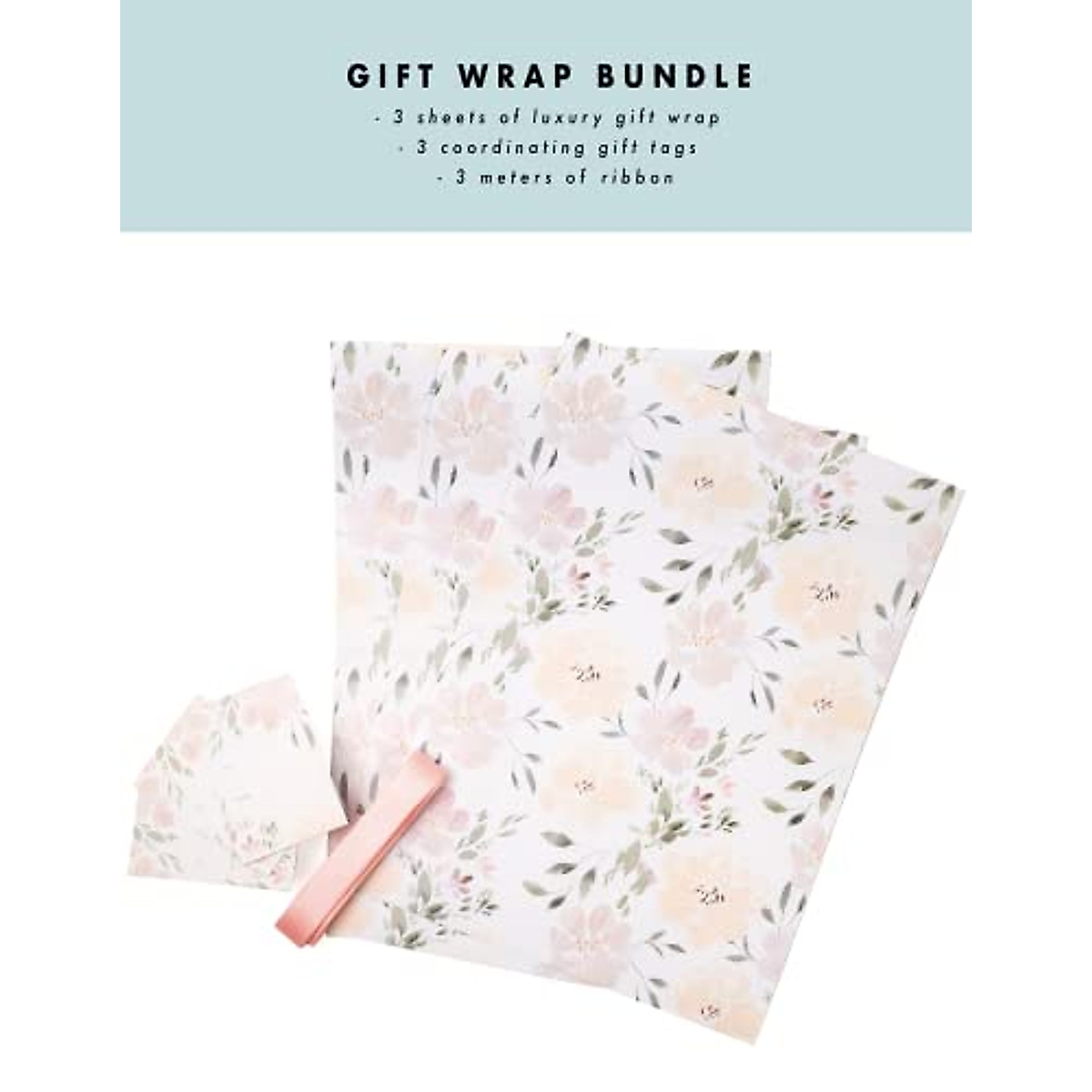 Itsy Belle Studio Wedding Wrapping Paper and ribbon set with tags - Flower wrapping paper sheets, Baby Shower wrapping paper birthday girl, Bridal Shower Wrapping Paper, Floral Wrapping Paper kit Qty: 3 - 27” x 39” baby wrapping paper sheets + 3 Meters of
