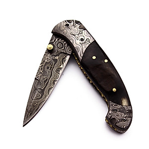 WolfKlinge Handmade Damascus Folding Pocket Bowie Knife For EDC,Hunting,Survival,CampingBushcrfat,Skinning and Fishing with Full Tang Micarta and Cowhide-Leather Sheath For-Men and Women-(DCF97 - Fireball)