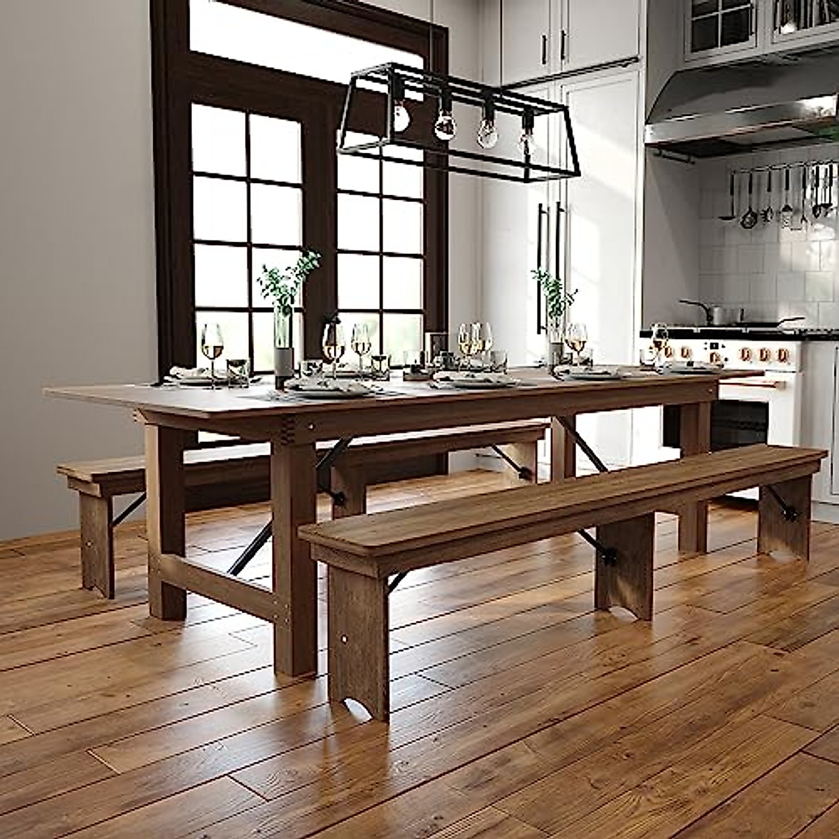 Flash Furniture Hercules Commercial Grade Farmhouse Dining Table | Solid Pine Foldable Table for 10 in Antique Rustic | Rustic Charm for Home and Events