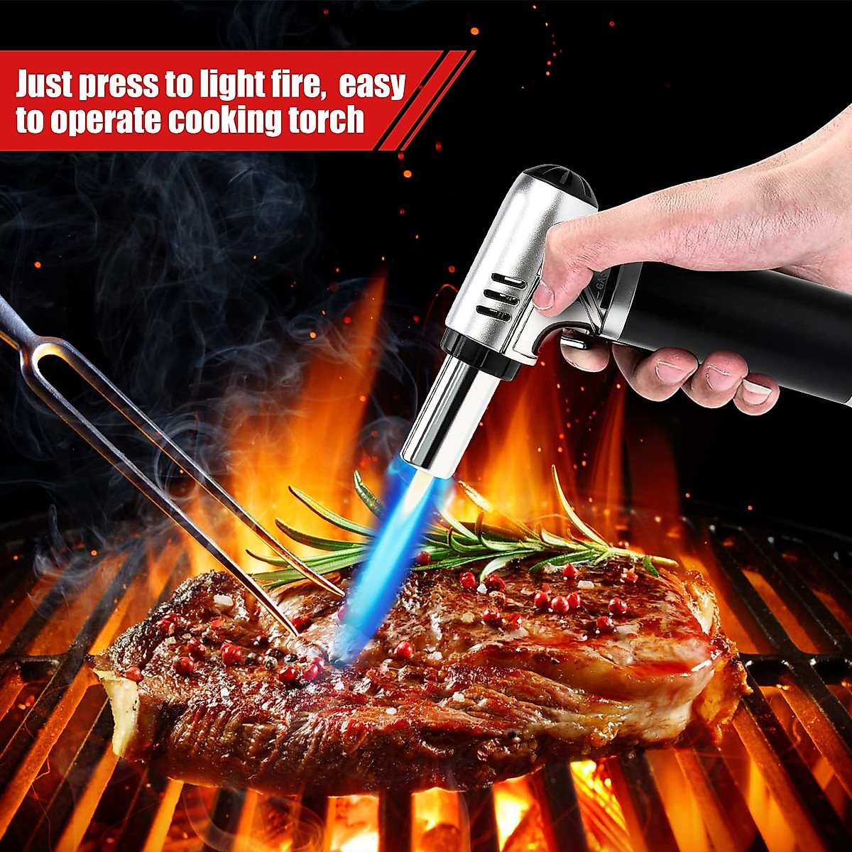 Blow Torch, Butane Torch with Fuel Gauge, Refillable Torch Lighter with Safety Lock, Adjustable Flame, One-handed Operation, Kitchen Torch for Cooking, BBQ, Baking(Butane Gas Not Included)