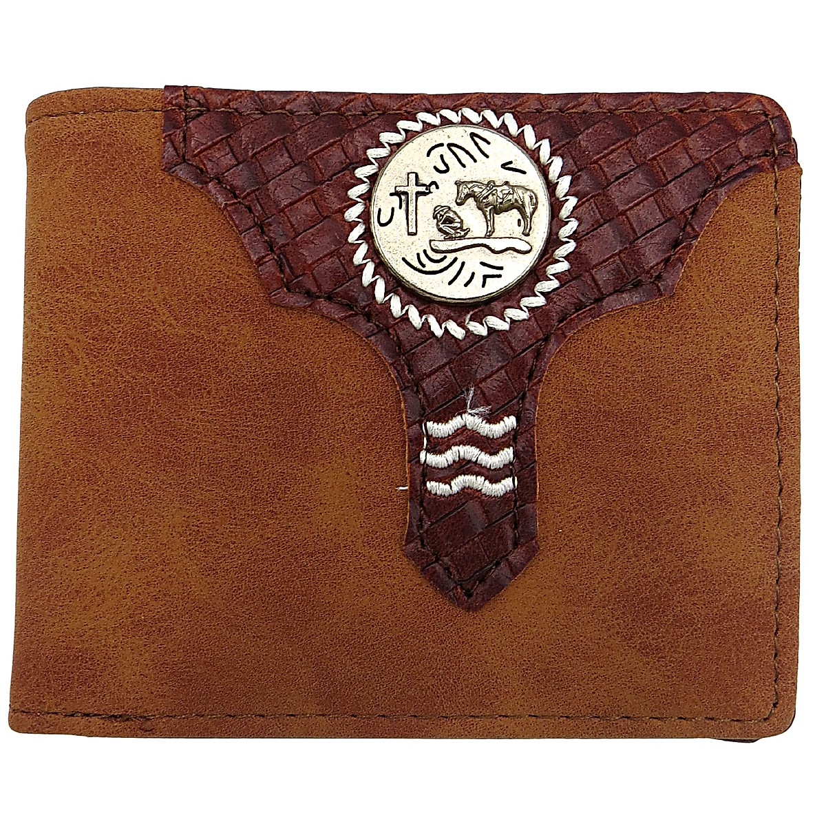 Small Genuine Brown Leather Bifold Wallet with Praying Cowboy Medal, Minimal Thin Folding Wallets with Coin Pocket, Thoughtful Gifts for Men and Women, 4.25 Inches