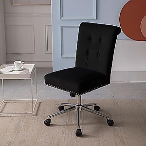 JOUUQZ Velvet Office Chair Button Tufted Swivel Adjustable Desk Chair with Nailheads Trim, Upholstered Armless Black Home Office Desk Chair with Wheels and Metal Base