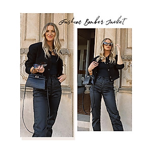 Aedceal Women's Cropped Bomber Jacket Button Down Stand Collar Varsity Coats Outerwears with Pockets(Black-M)