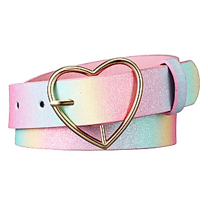 SATINIOR Rainbow Belt PU Leather Waist Belt Women Girls Glitter Belt with Heart Buckle Adjustable Shiny Dress Belt for Jeans Dress