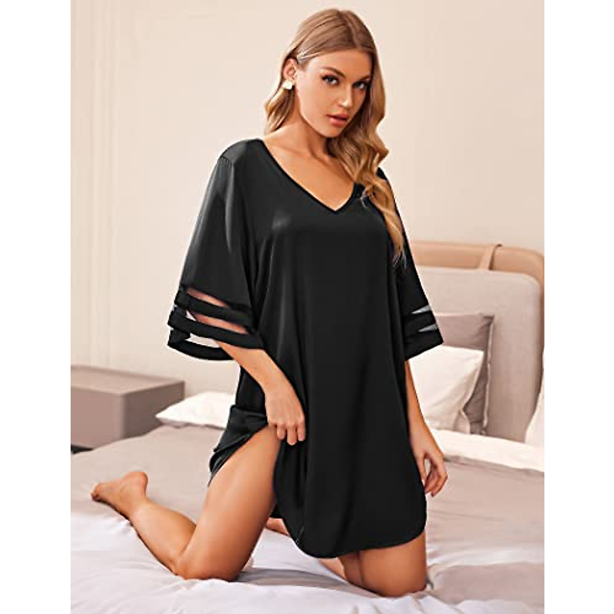 Ekouaer Satin Nightgown for Women Boyfriend Plus Size Night Gowns V Neck Sleep Shirts Loose Sexy Sleepwear Dress Black