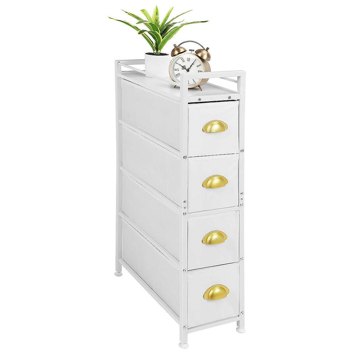 HAITRAL Narrow Dresser - 4 Drawers Fabric Storage Cabinet - Vertical Standing Storage Chest - Gaps Tower Organizer with Removable Drawers and Wooden top for Laundry, Living Room, Entryway (White)
