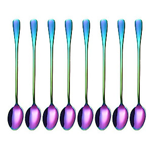 Marco Almond® Rainbow Titanium Long Handle Spoons, Colorful Plated Latte Spoon, Stainless Steel Ice Cream Spoon, Iced Tea Spoon,Cocktail Stirring,Tea, Coffee, Milkshake Dessert Spoons, Pack of 8