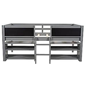 Low Loft Beds with 2 Movable Shelves Twin Loft Bed Frame with Chalkboard Modern Farmhouse Junior Bed for Kids Boys Girls, Gray