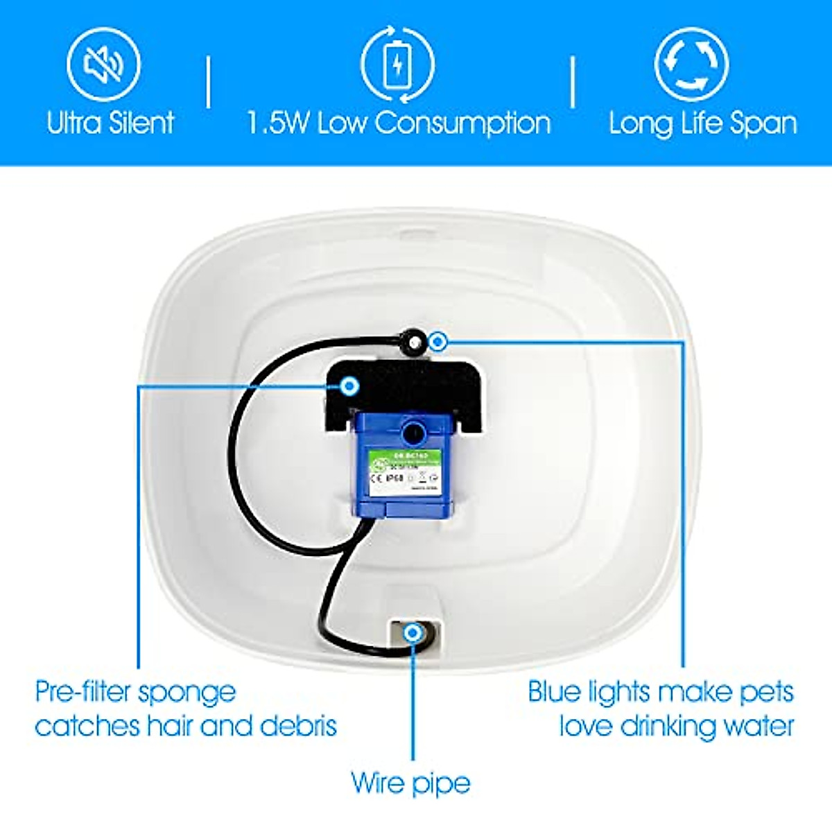 Stainless Steel Pet Water Fountain with Adapter, Upgraded Version 84oz/2.5L Automatic Cat Water Fountain Dog Water Dispenser with Ultra-Quiet Pump for Cats, Dogs, Birds, Multiple Pets (Blue)