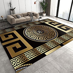 Retro Black Gold Greek Key Area Rugs, 3D Geometric Print Carpet, Indoor Non-Slip Kids Rugs, Machine Washable Breathable Durable Carpet for Front Entrance Floor Decor,2 x 3ft