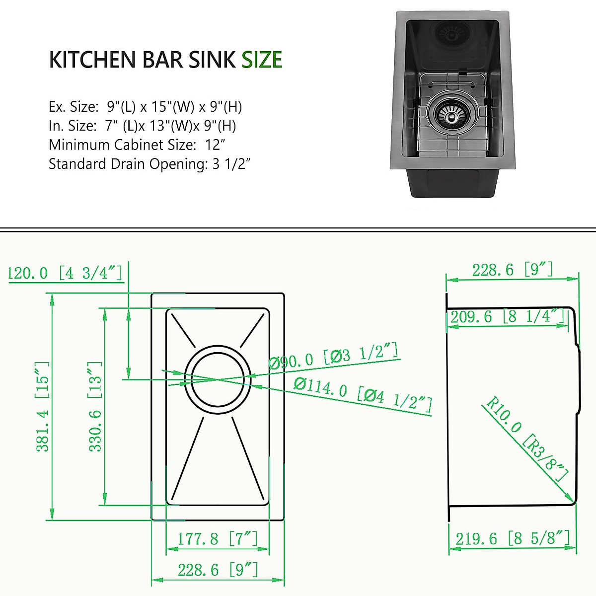 9 Inch Black Undermount Small Bar Sink, Swift Horse 9"x15" 16Gauge Black Stainless Steel Small Undermount Bar Sinks