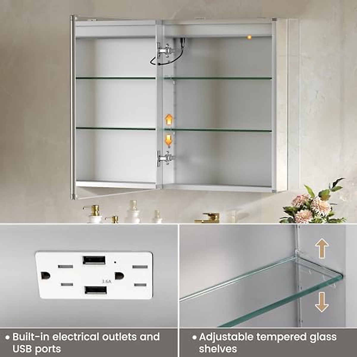 ROOMTEC LED Lighted Medicine Cabinet with Mirror 20"*26",Bathroom Mirror Cabinet with Lights, Outlet and USB, Recessed or Wall Mounted, Adjustable Shelf, 3-Color, Dimmer, Anti-Fog