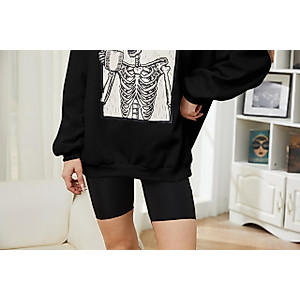 Meladyan womens Halloween Skull Graphic Print Fleece Oversized Sweatshirt Crewneck Long Sleeve Drop Shoulder Pullover, Classic Black, X-Large