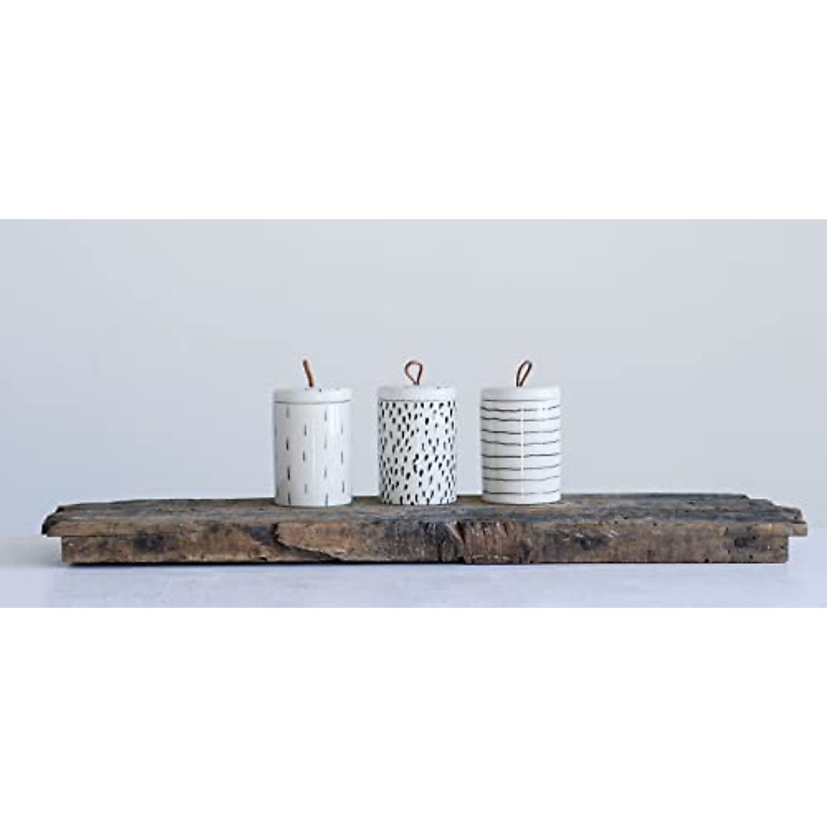 Creative Co-Op Stoneware Lids & Leather Pulls (Set of 3 Designs) Containers, 3" L x 3" W x 4" H, Multi