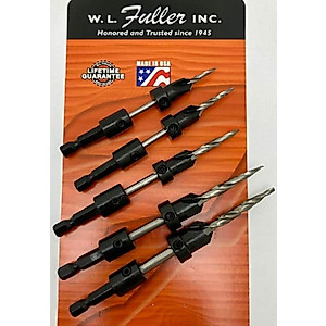 Set of 5 Countersinks with Hex Shank Taper Point Drills & 1 - Hex Key, by W. L. Fuller, for # 5, 6, 8, 10, & 12 Screws Made in The USA